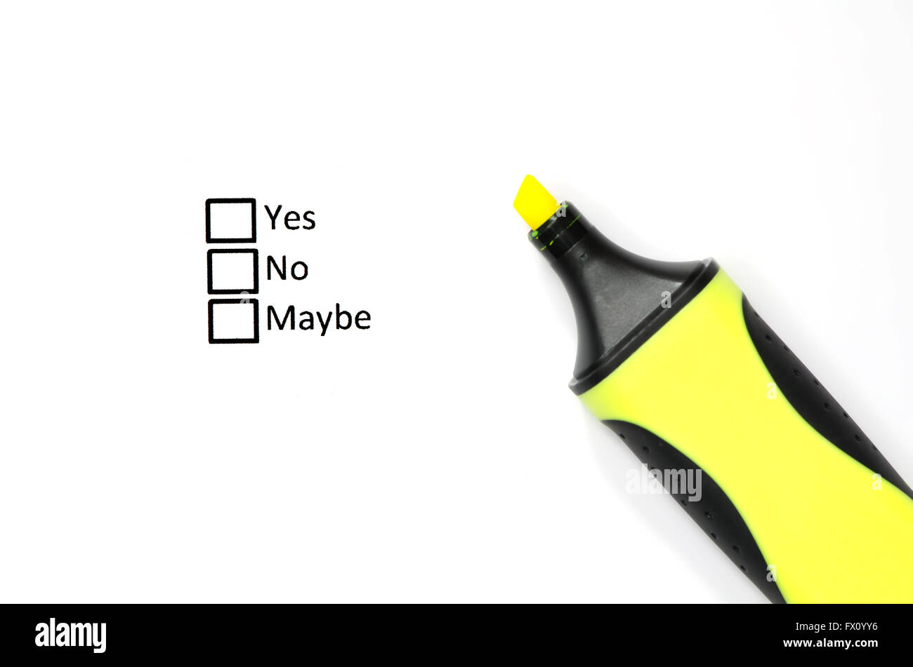 Questionnaire with three boxes and yellow marker Stock Photo - Alamy