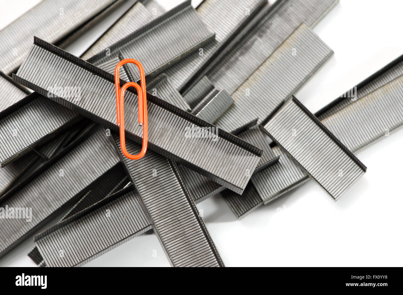 Stapler wires and orange paper clip as outstanding concept Stock Photo ...