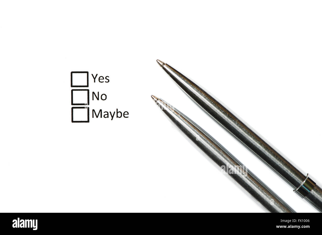 Two pens and three options as questionnaire Stock Photo - Alamy