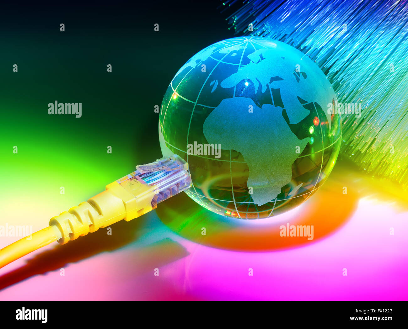 glass earth with network against fiber optic background Stock Photo - Alamy