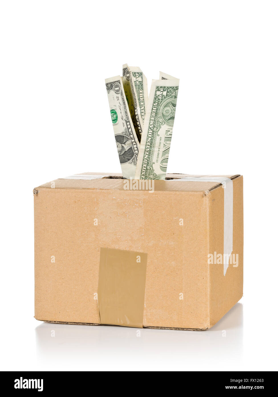Donation carton box with dollar bills over white background Stock Photo ...