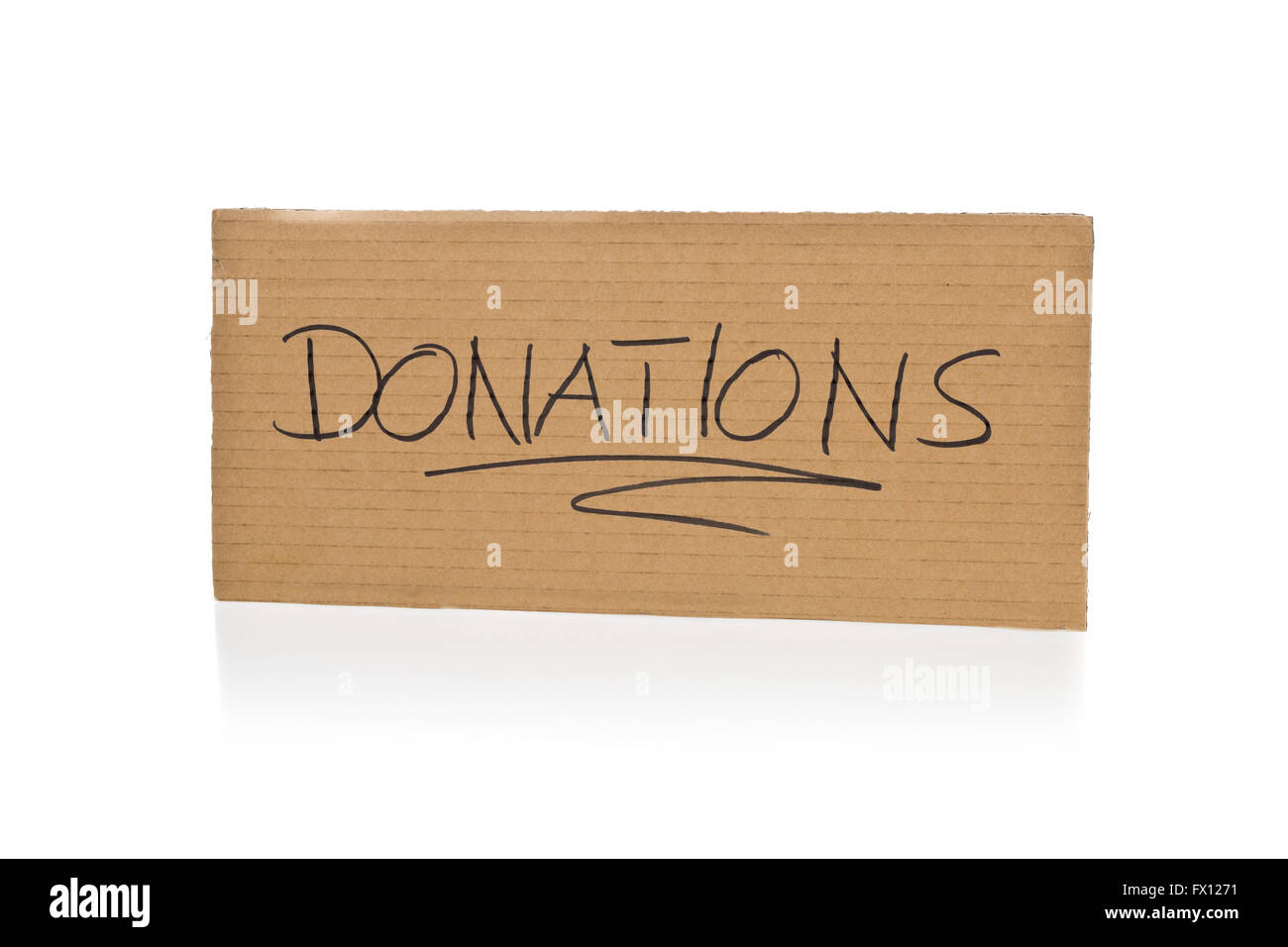 Cardboard sign for donations over white background with reflection ...