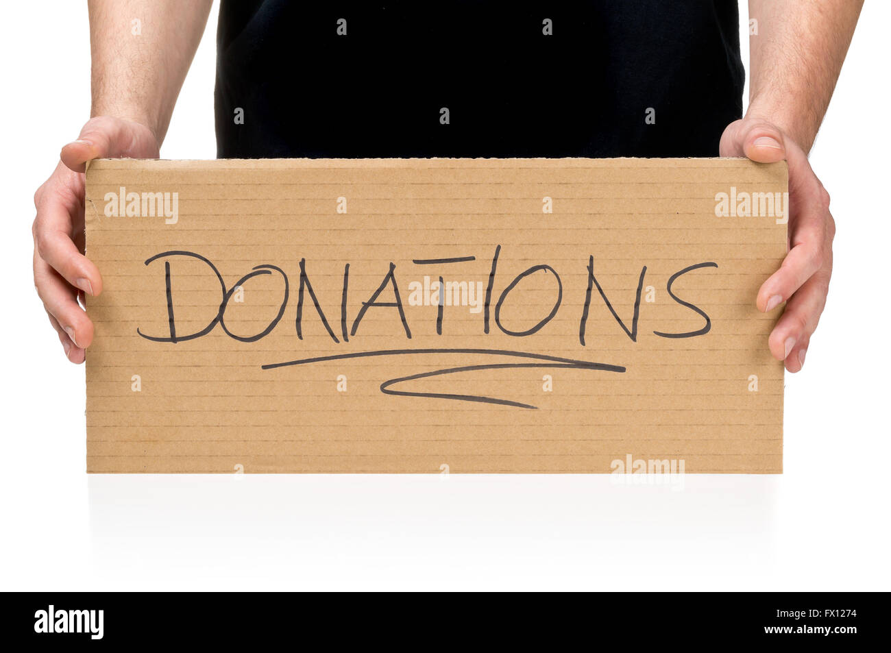 Man holding cardboard sign calling for donations over white background ...