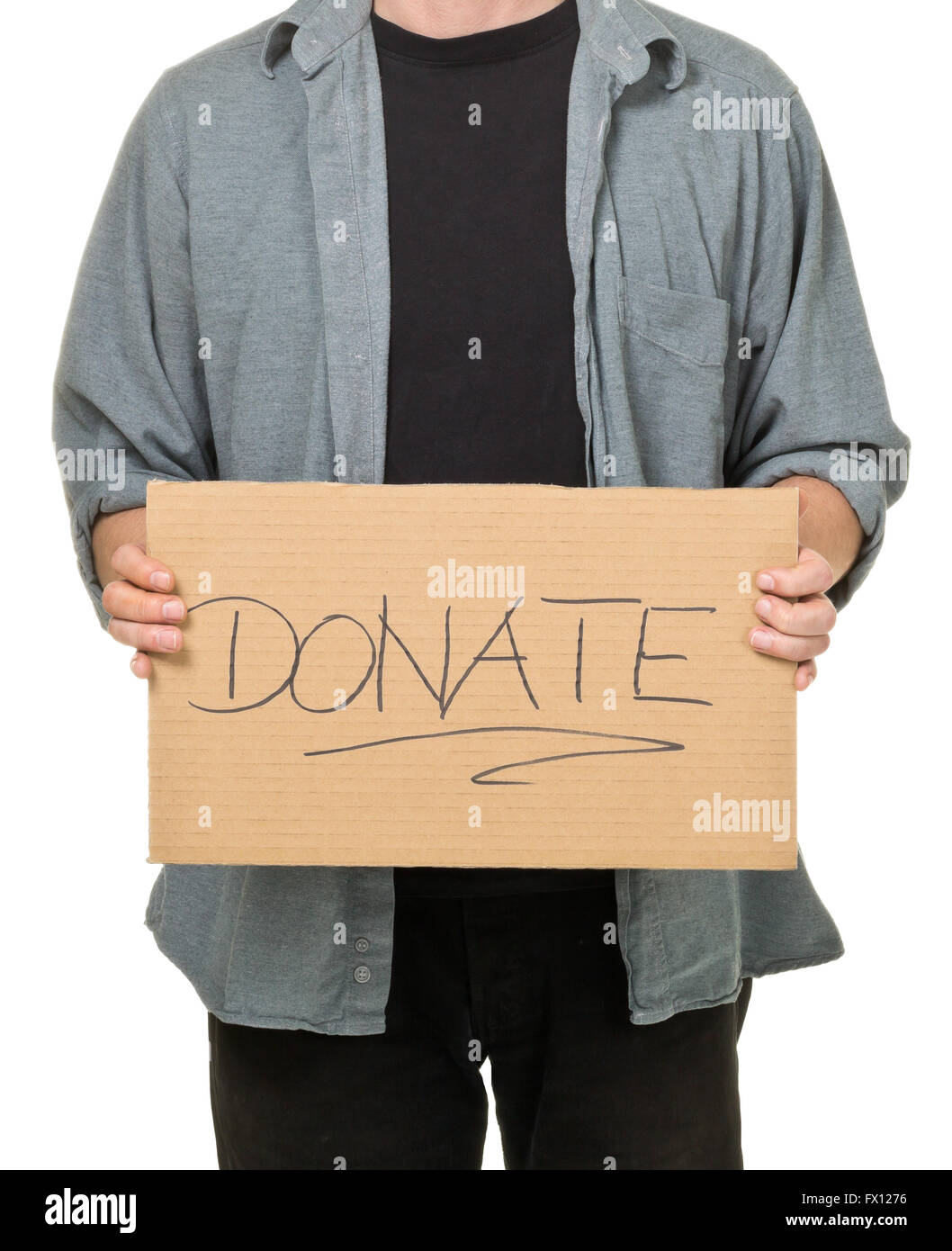 Man holding cardboard sign calling for donations over white background ...