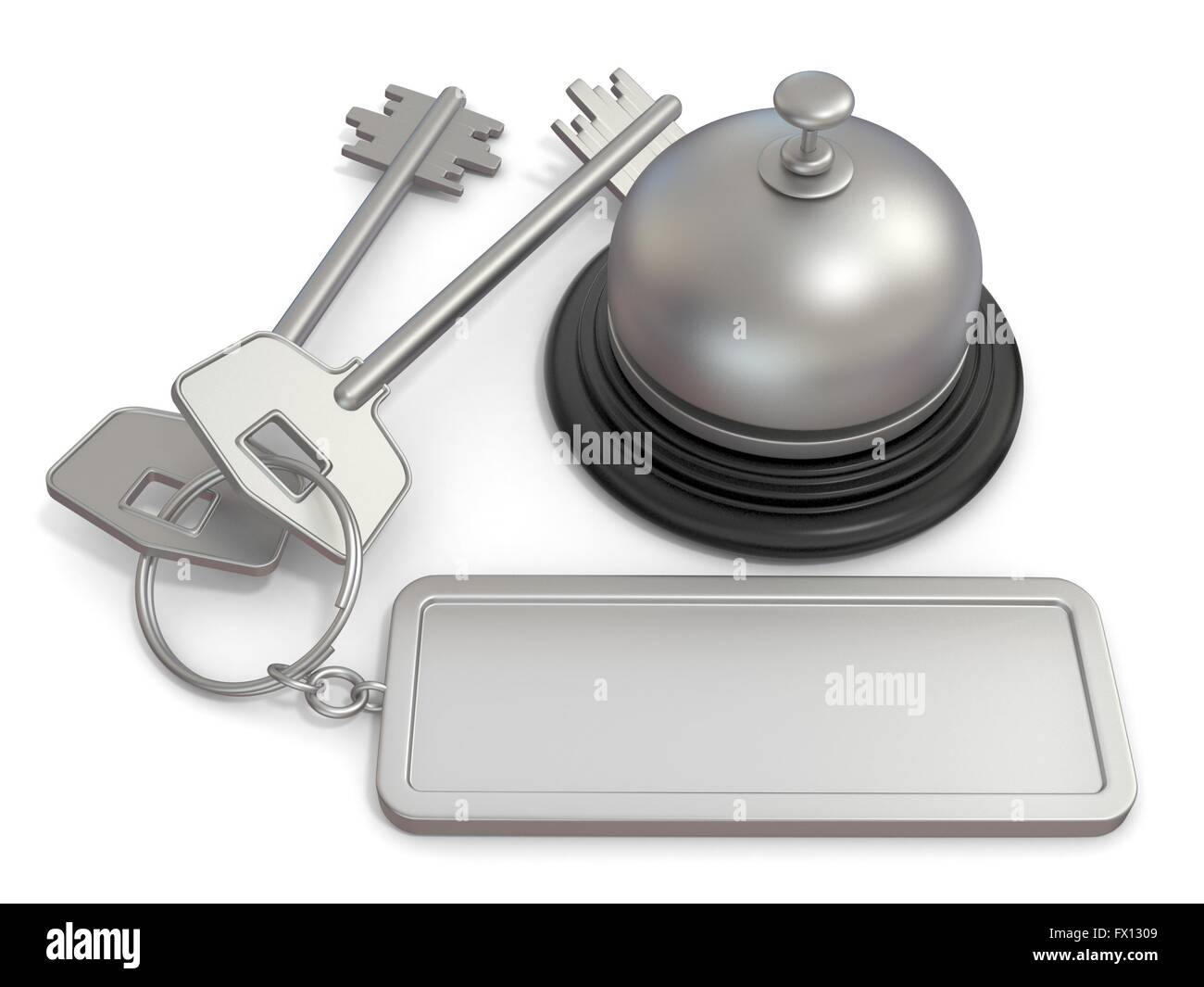 Hotel key with rectangular blank label on ring and reception bell. 3D ...