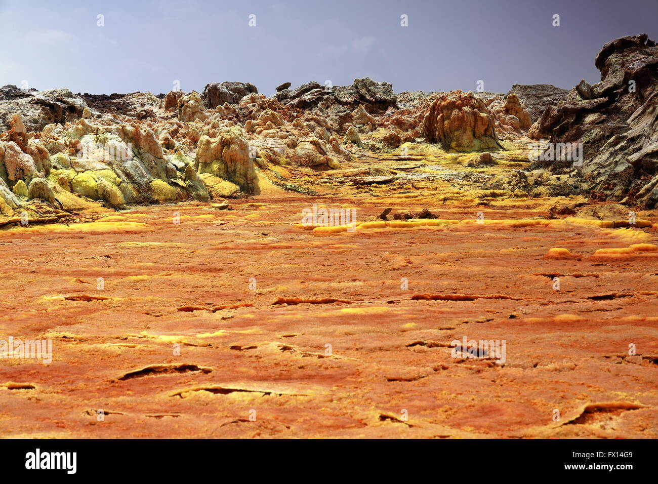 Dallol mt.rising over Lake Karum or Assale. Deposits of sylvite -KCL ...