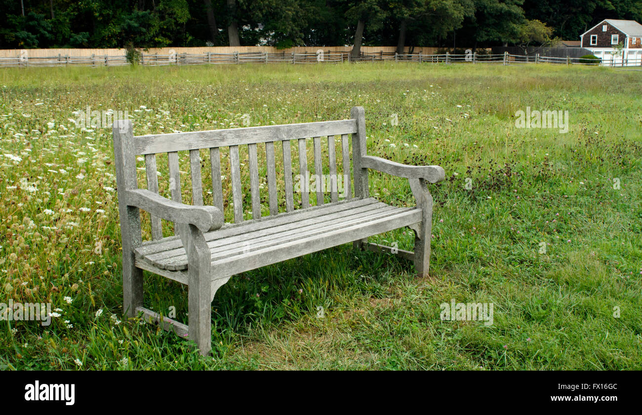 Wooden bench in a field Stock Photo - Alamy