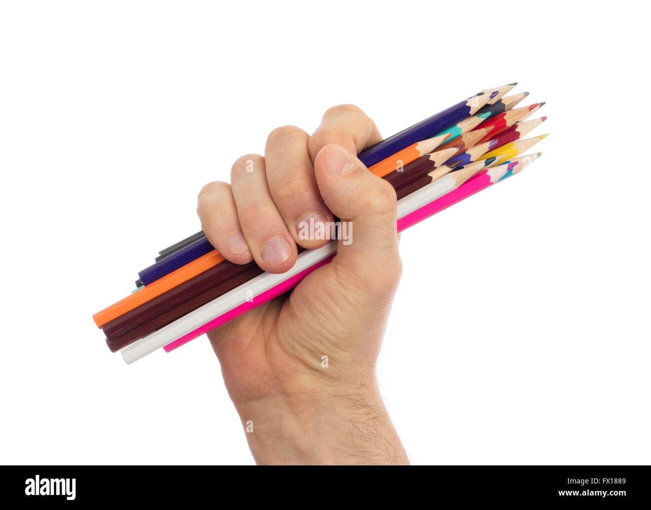Used pencils in hand isolated on white background Stock Photo - Alamy