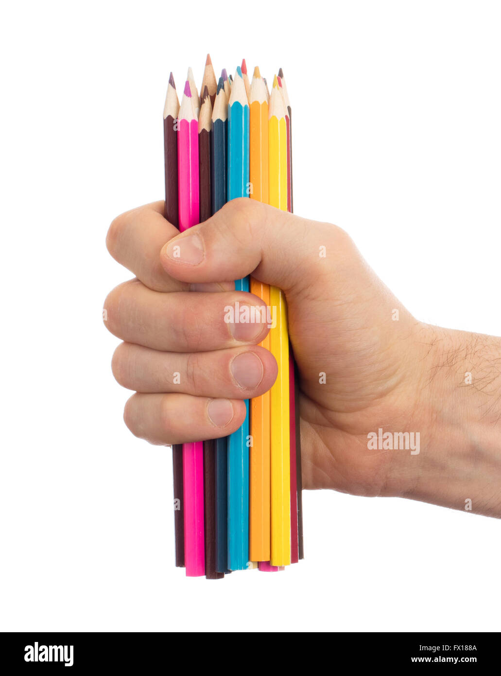 Used pencils in hand isolated on white background Stock Photo - Alamy