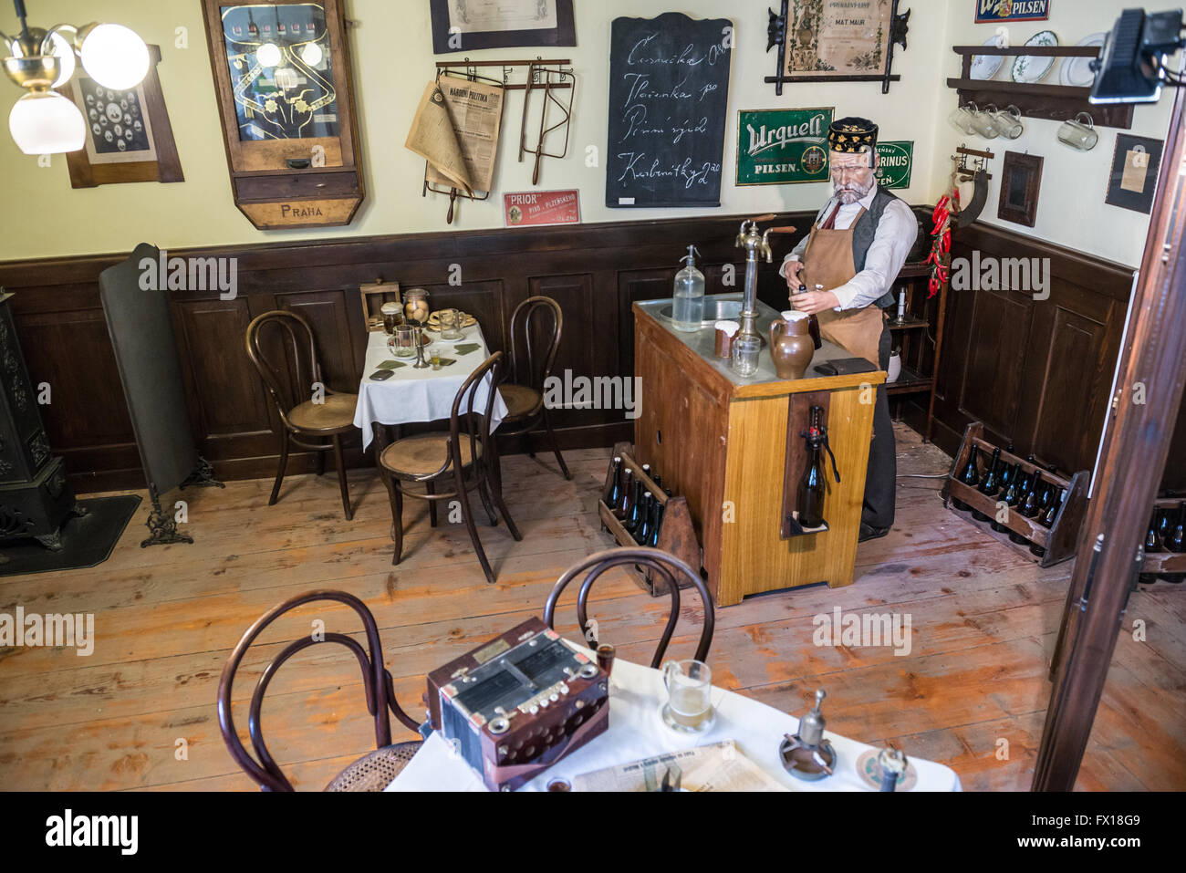 Interior of typical historic Czech pub in Brewery Museum in Plzen ...