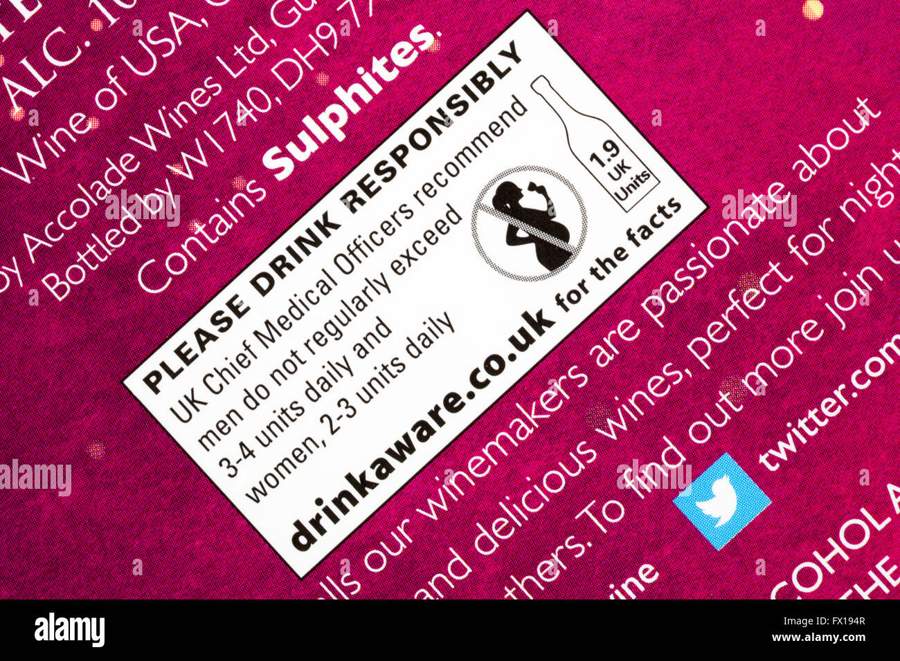 Please drink responsibly labelling on back of wine bottle Stock Photo ...