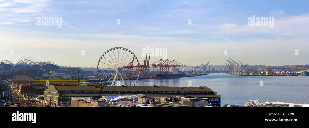 Port of Seattle along Puget Sound view from waterfront pier panorama ...