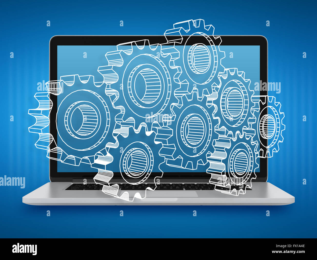Laptop with gears. Repair and maintenance of computers. Teamwork Stock ...