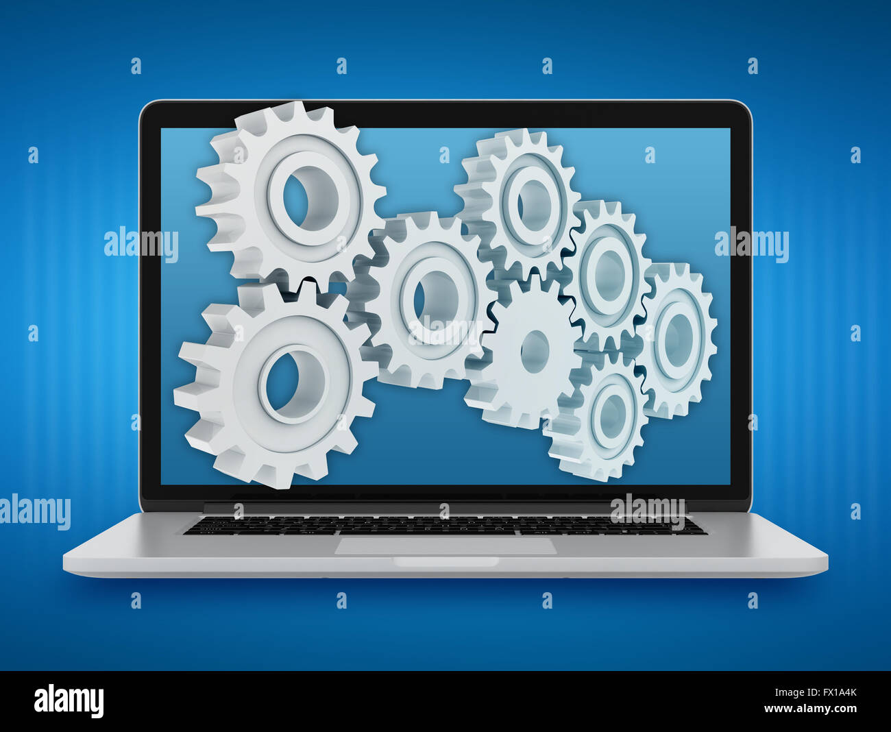 Laptop with gears. Repair and maintenance of computers. Teamwork Stock ...