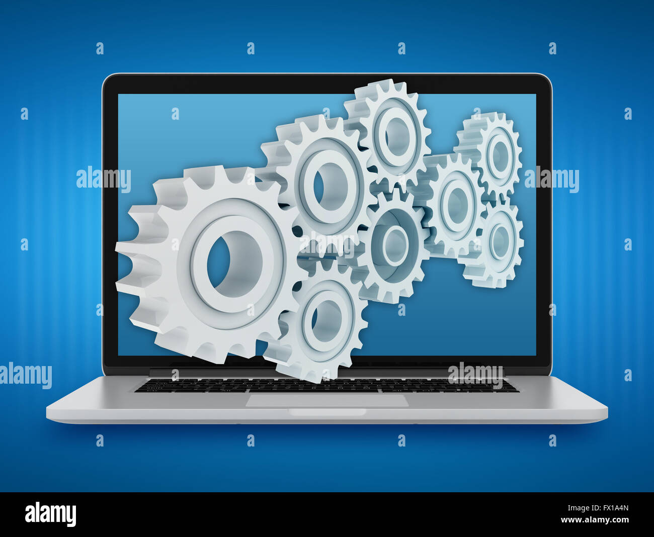 Laptop with gears. Repair and maintenance of computers. Teamwork Stock ...