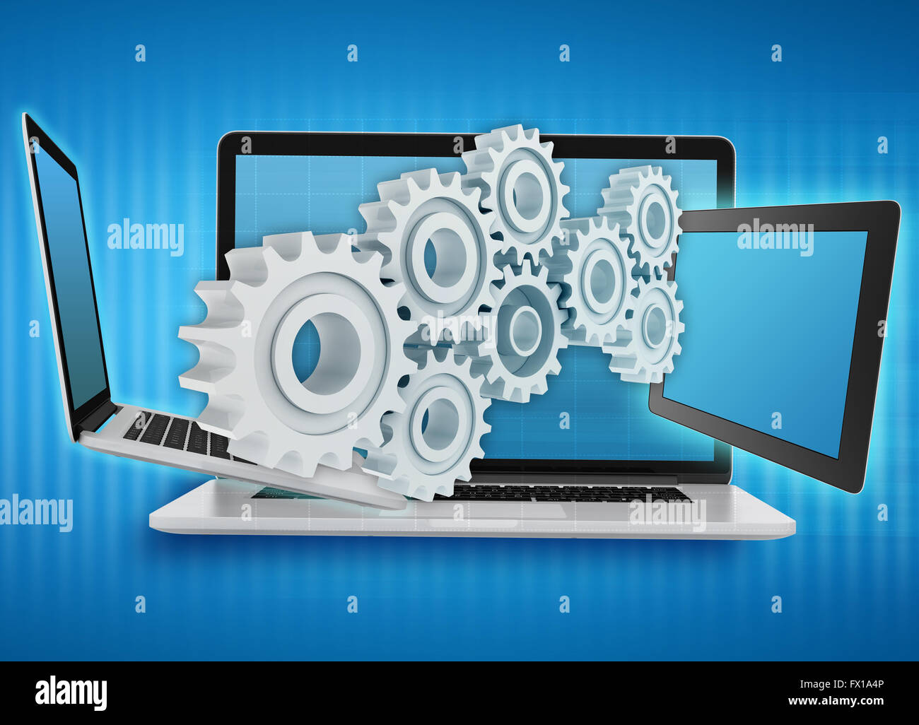 Laptop, tablet with gears. Repair and service of electronics. Teamwork ...