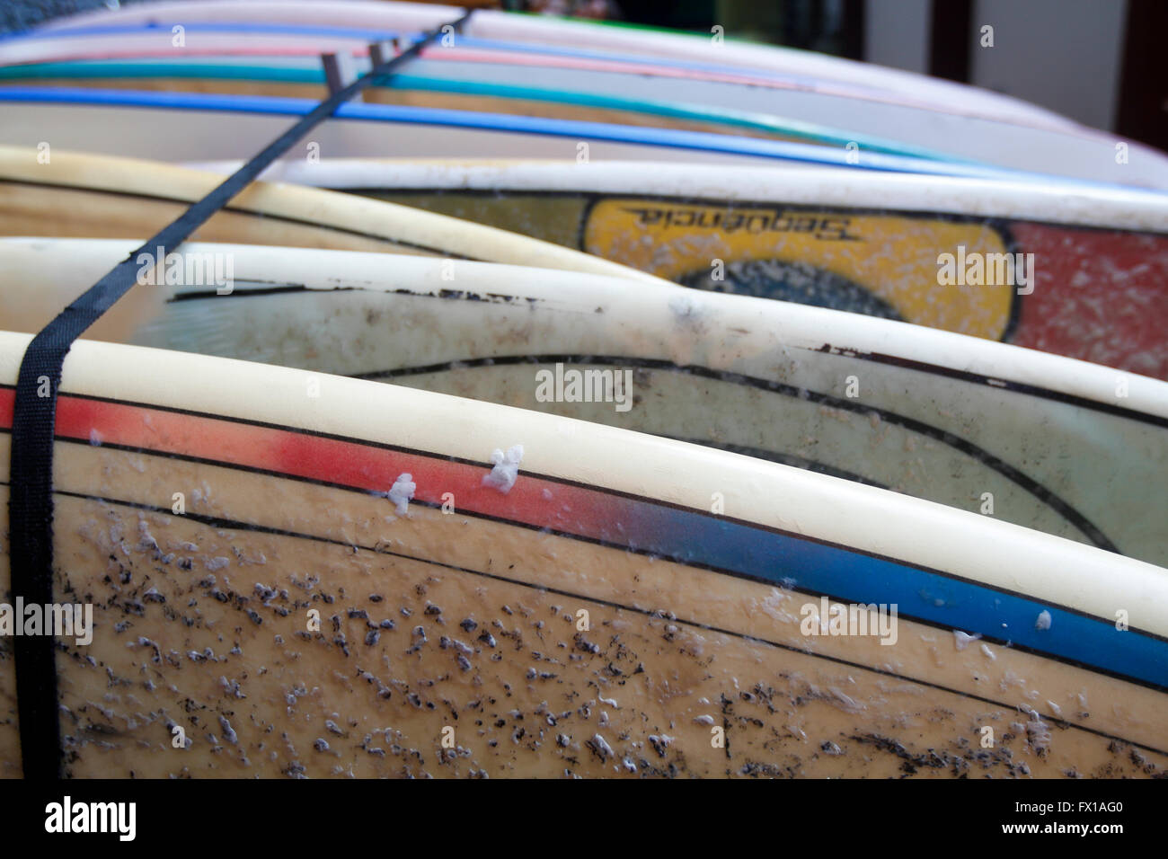 stack of Surfboards on the beach. Photographed in El tunco, El Salvador ...