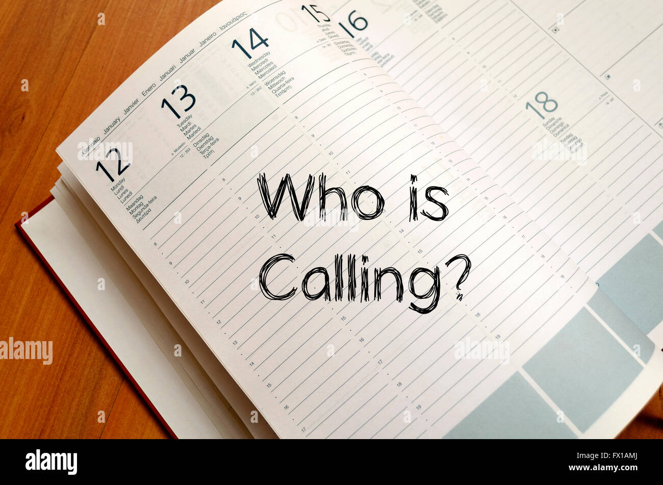 Who is calling text concept write on notebook Stock Photo - Alamy