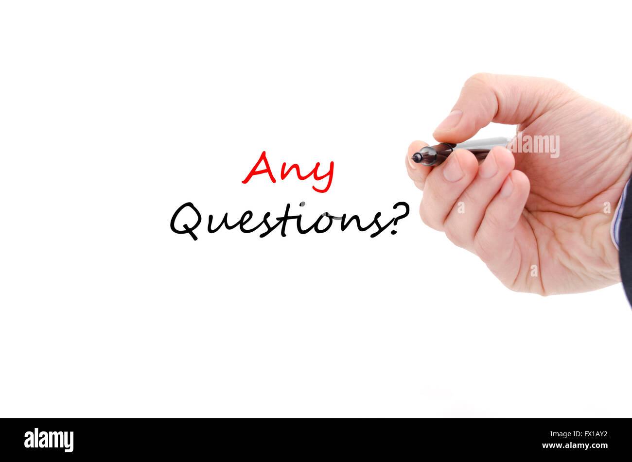 Bussines man hand with text Any Questions Stock Photo - Alamy