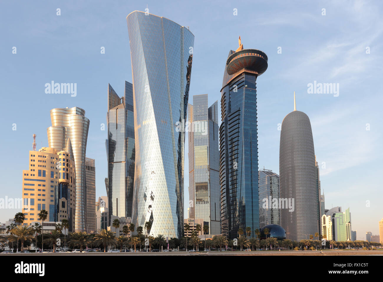 Towers in the Dafna area of Doha, Qatar, in the evening light in ...