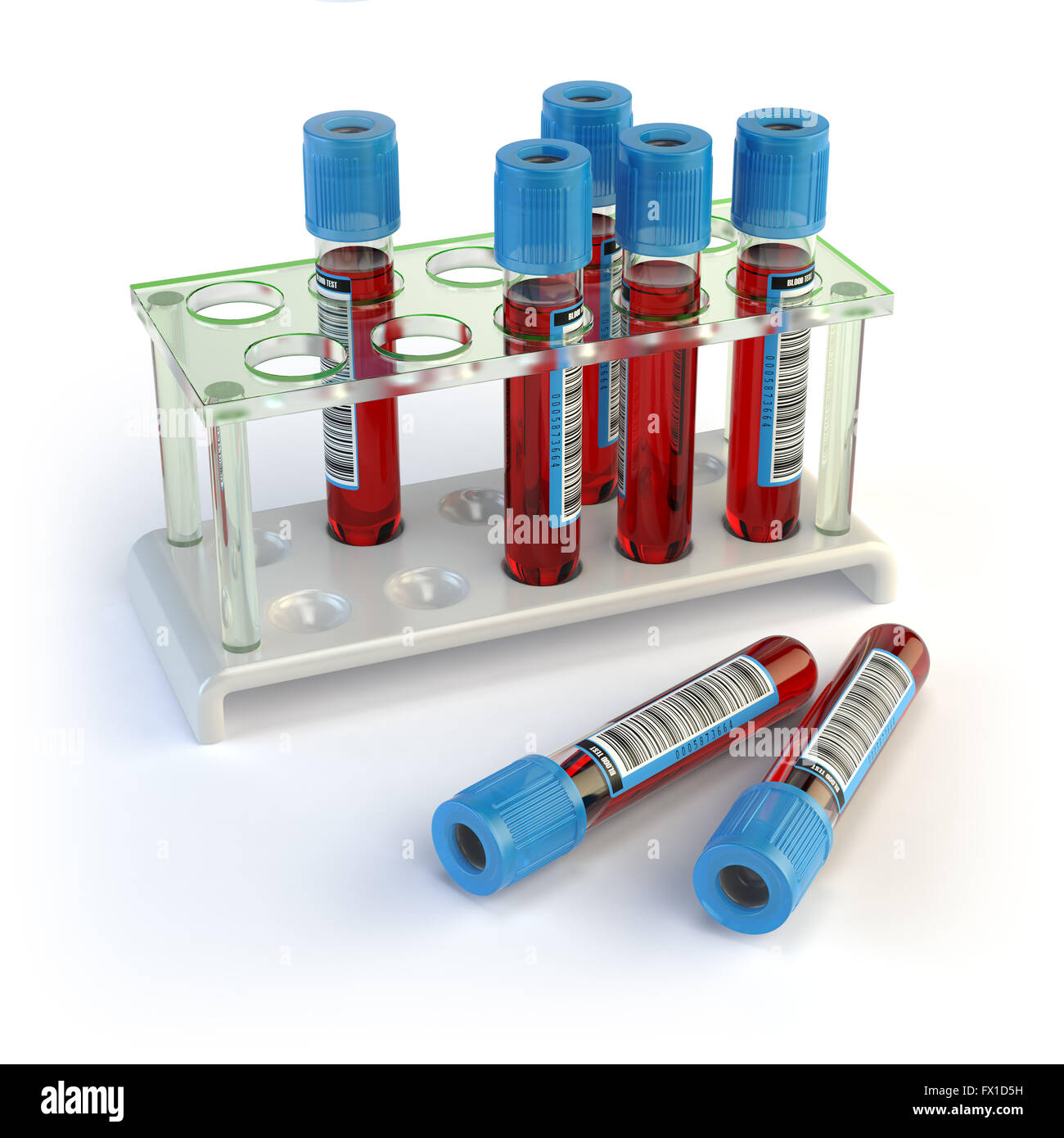Blood test tubes. Blood samples in a rack isolated on white. 3d ...