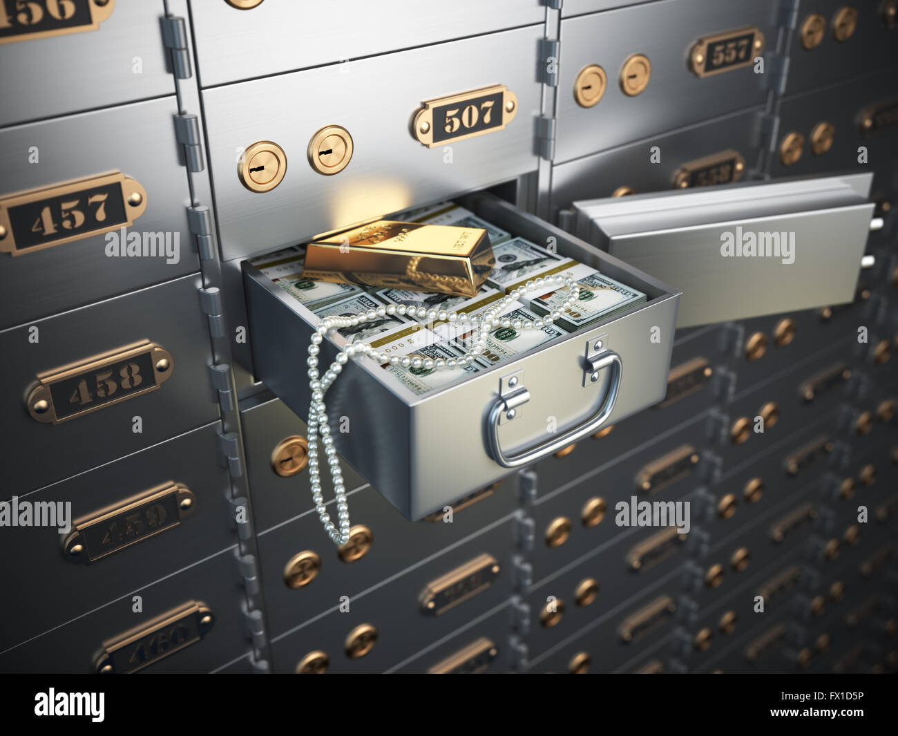 Open safe deposit box with money, jewels and golden ingot. 3d ...