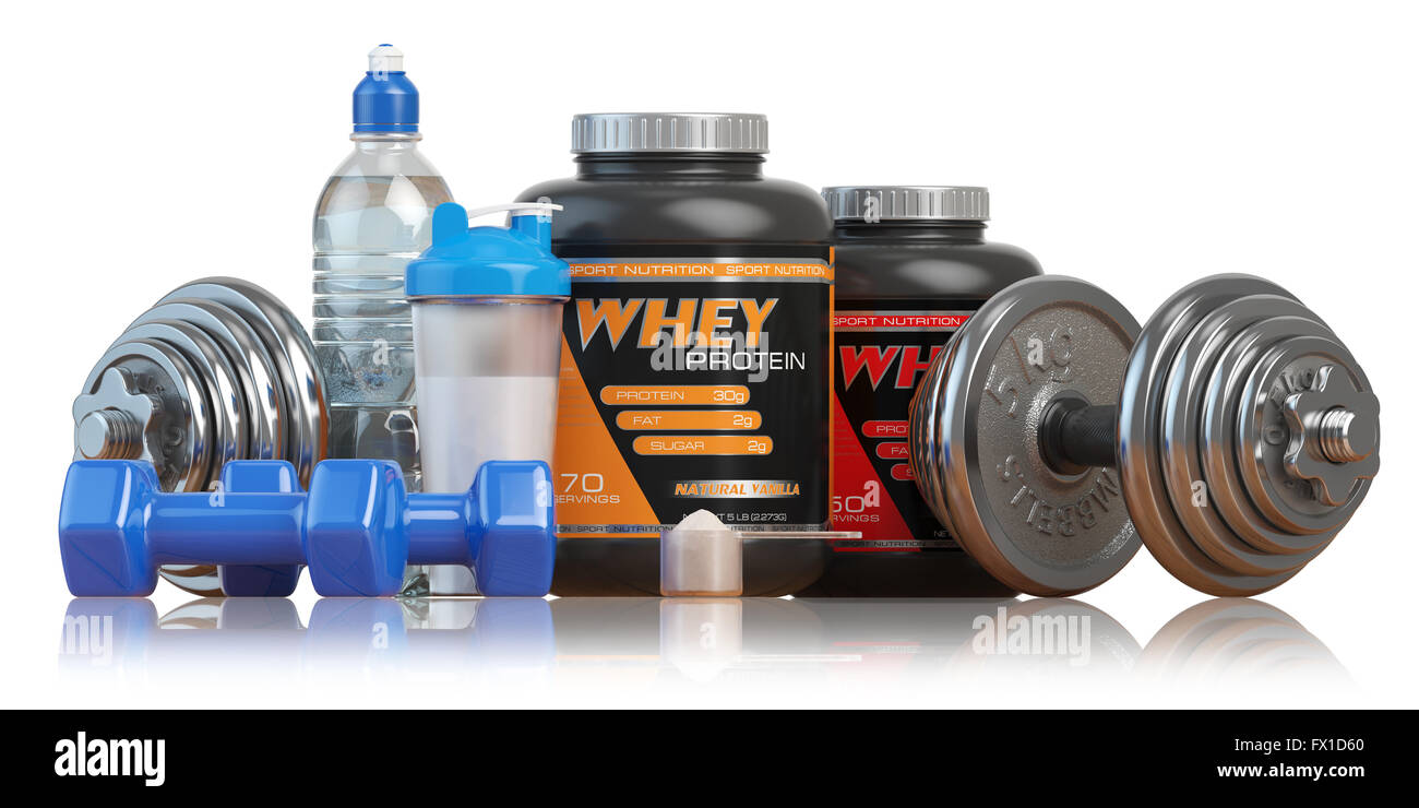 Whey protein with dumbbells and shaker isolated on white. Sports ...