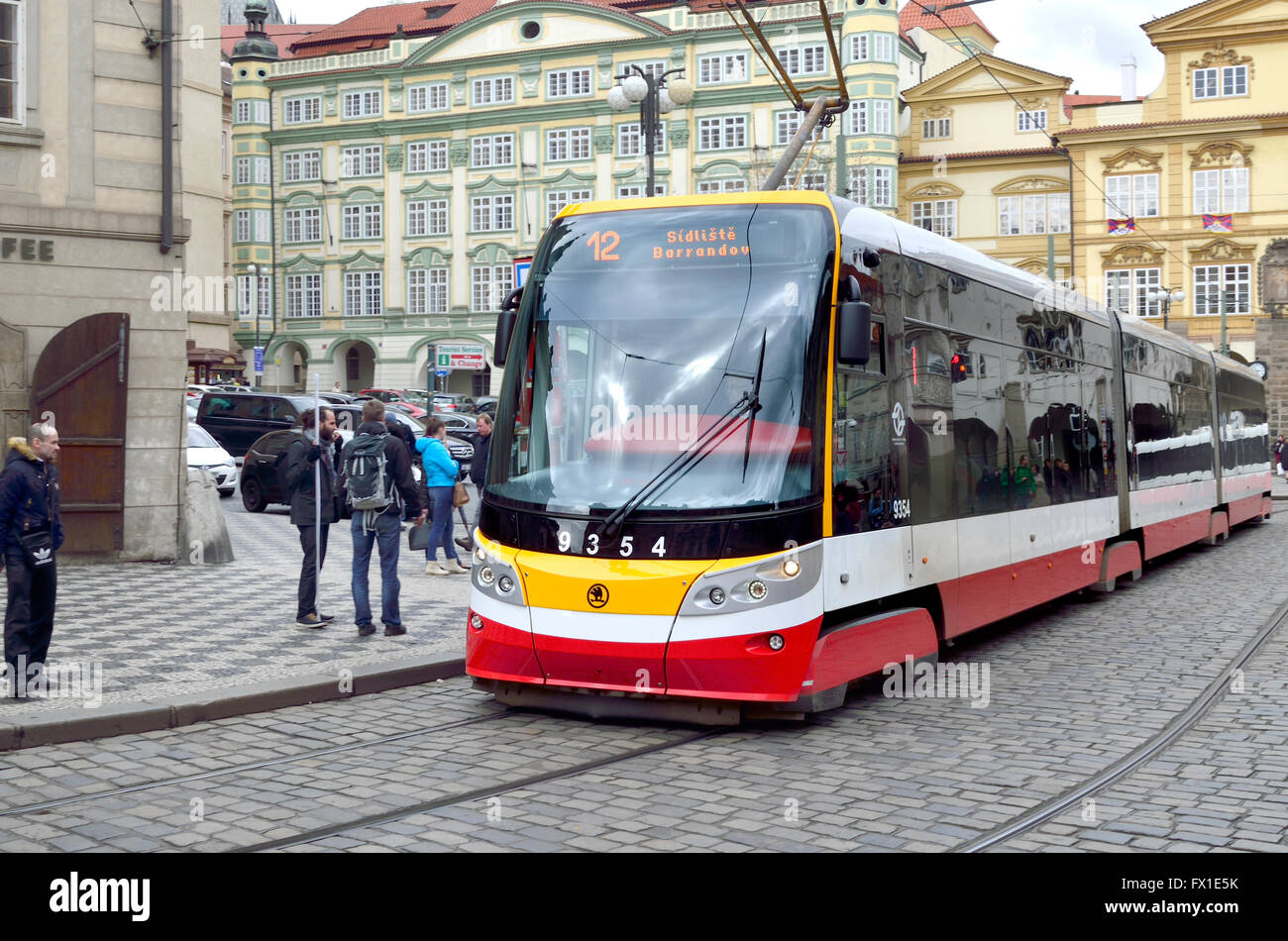 Prague, Czech Republic. Modern tram / streetcar (Skoda 15t4 forcity ...