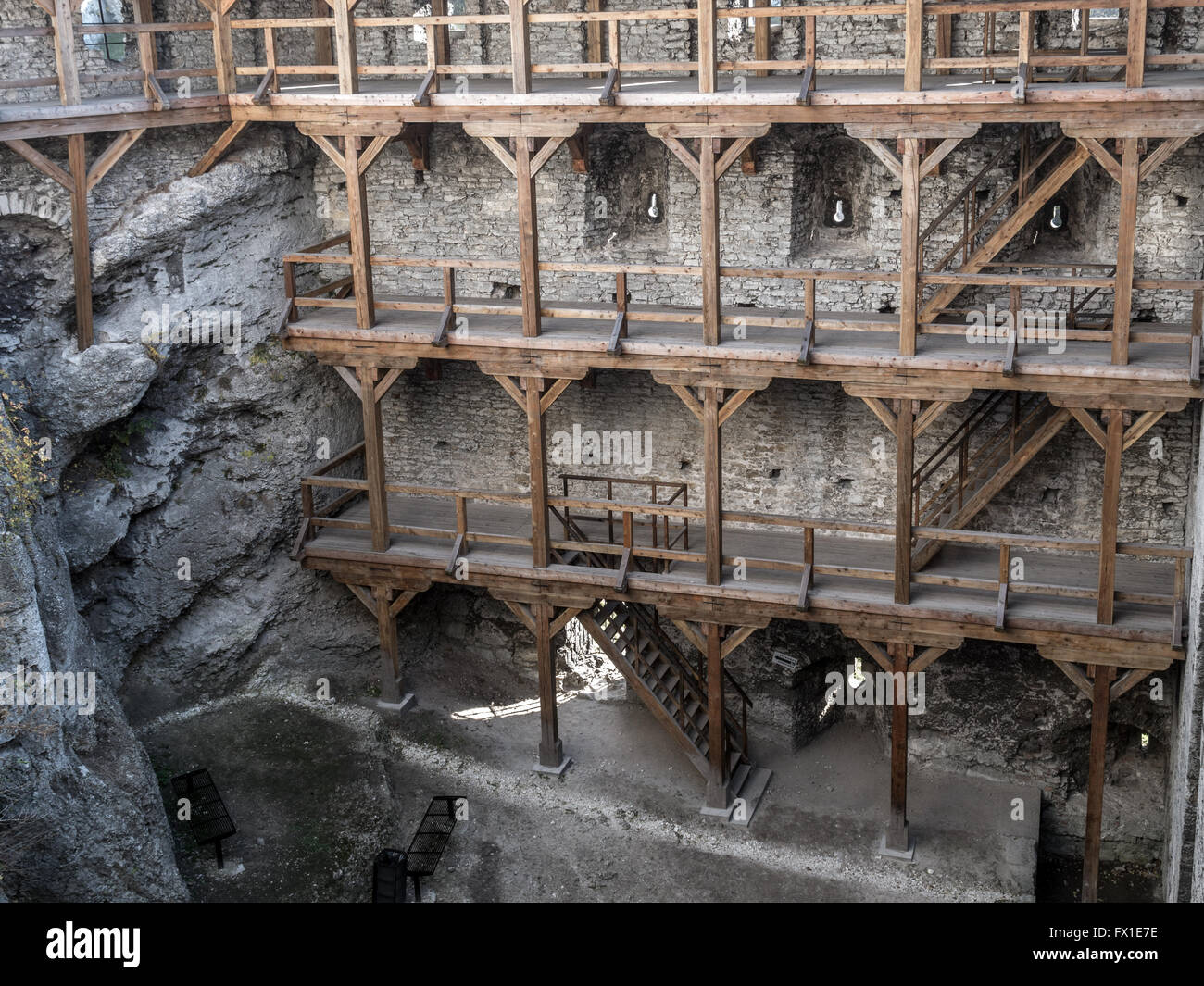 Wooden arcades inside medieval castle Ogrodzieniec, located on the ...