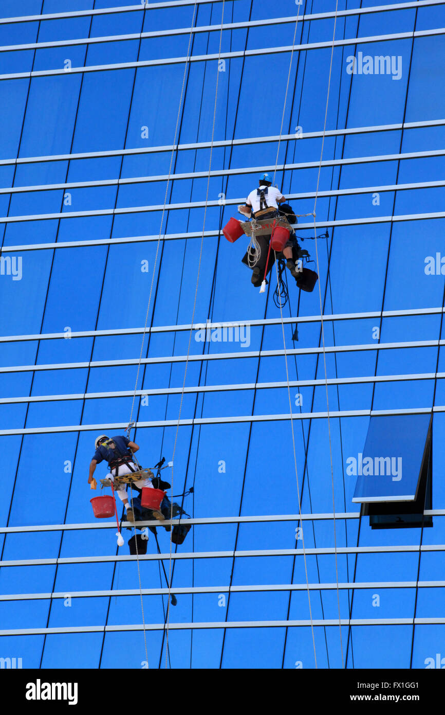 window cleaner hanging on rope at work on skyscraper Stock Photo - Alamy
