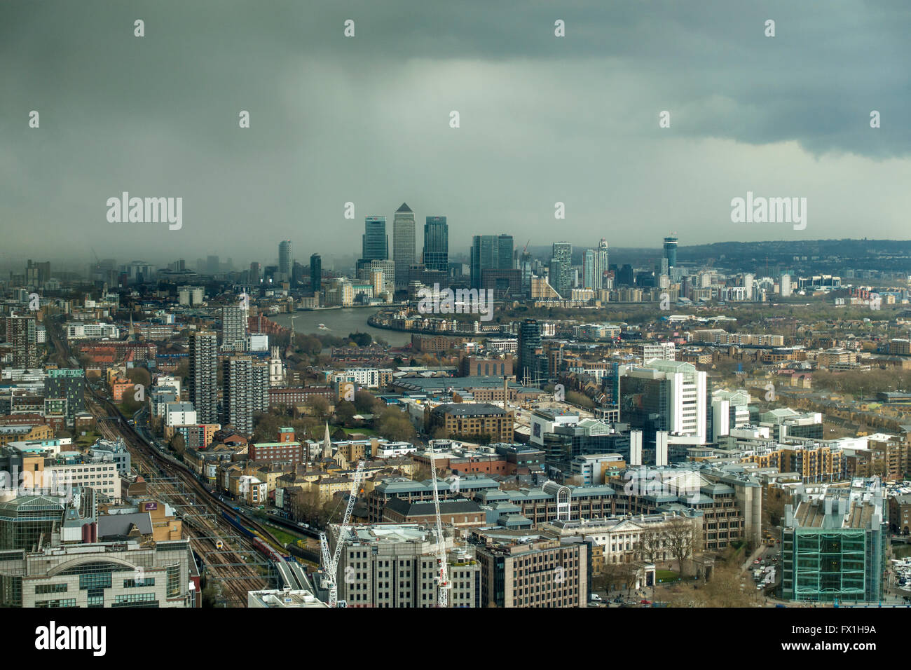 Rain Storm over Canary Wharf London England Aerial View Stock Photo - Alamy