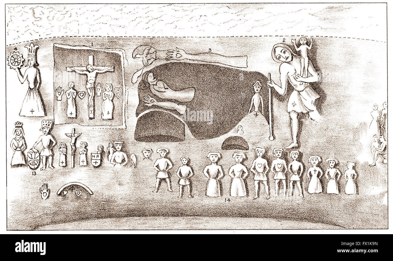 Drawing of wall in Royston Cave by Joseph Beldam, 1858, Hertfordshire ...