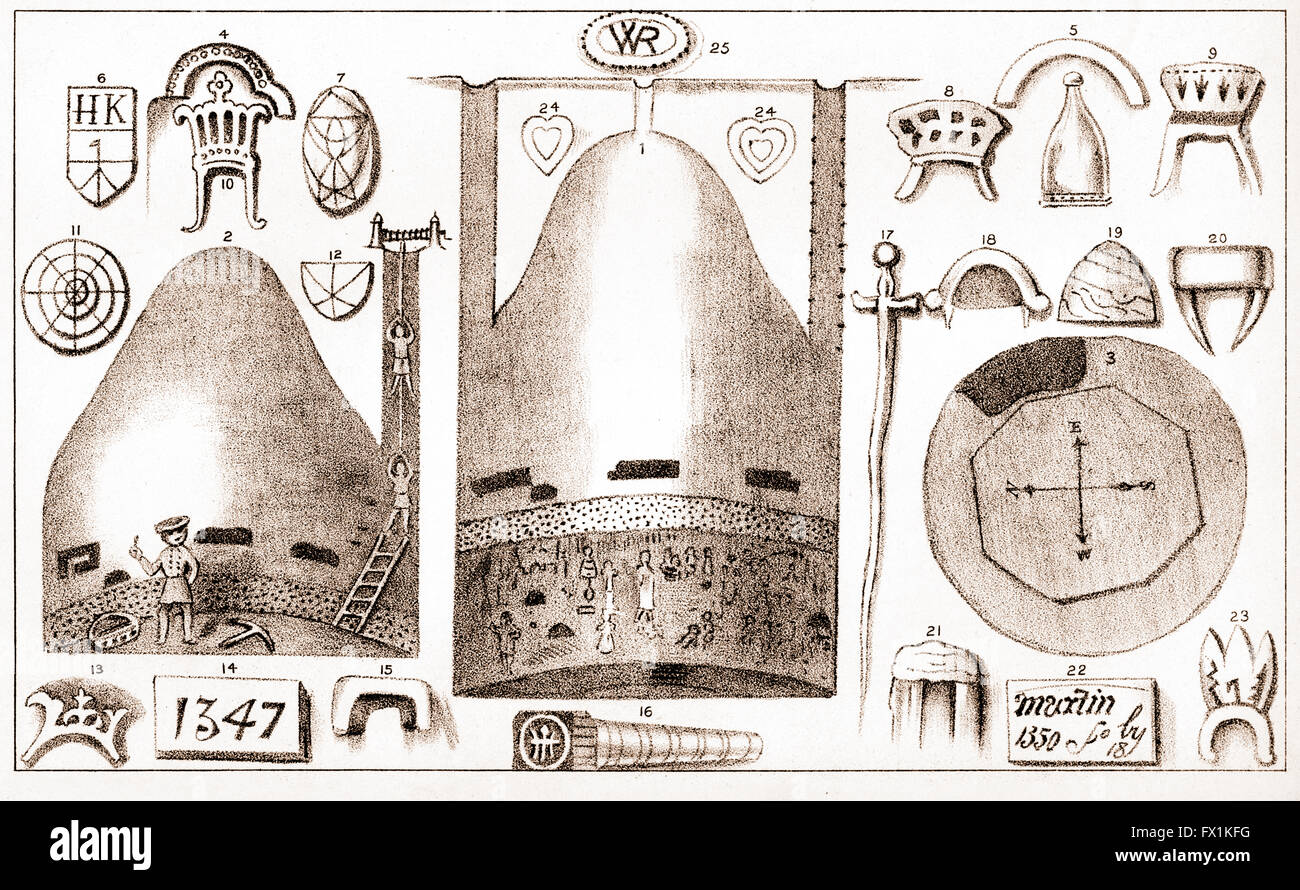 Drawing of details on walls in Royston Cave by Joseph Beldam, 1858 ...