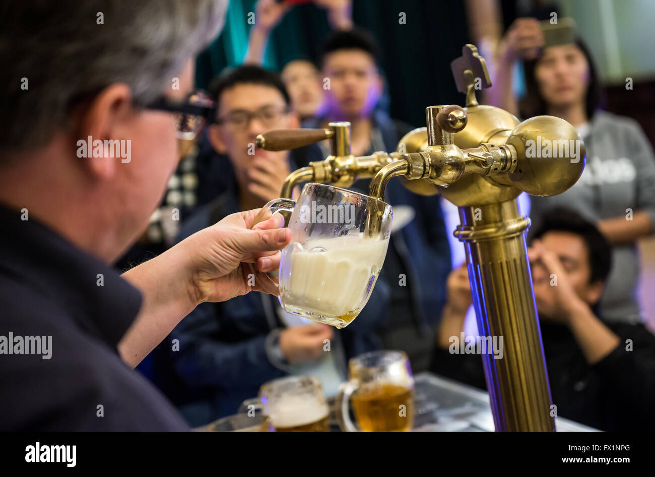 Man pouring so called Mliko (milk) beer in Pilsen city, Czech Republic ...