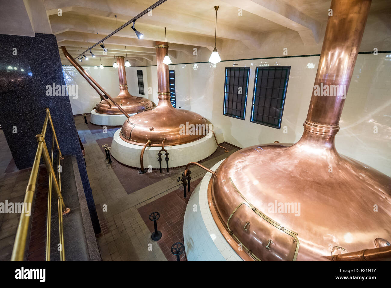Copper brewing tank in old brewhouse in Pilsner Urquell Brewery in ...