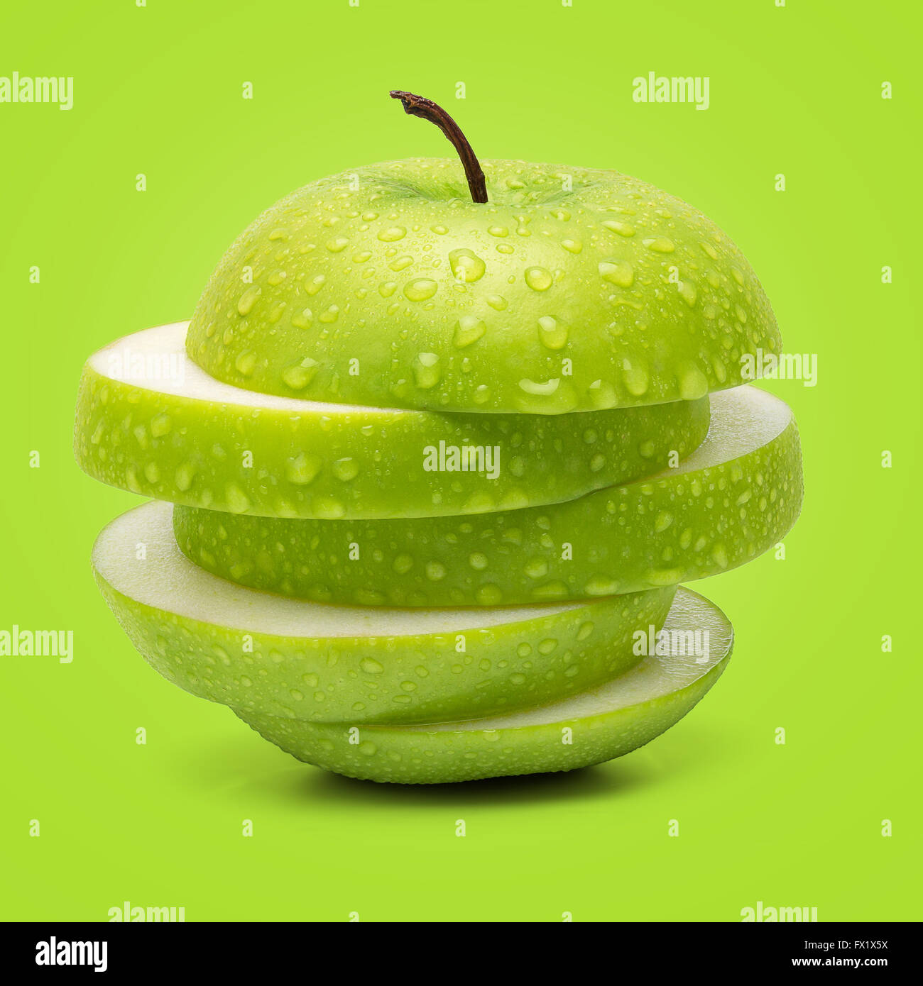 Perfect Fresh Green Apple Isolated on Green Background in Full Depth of ...