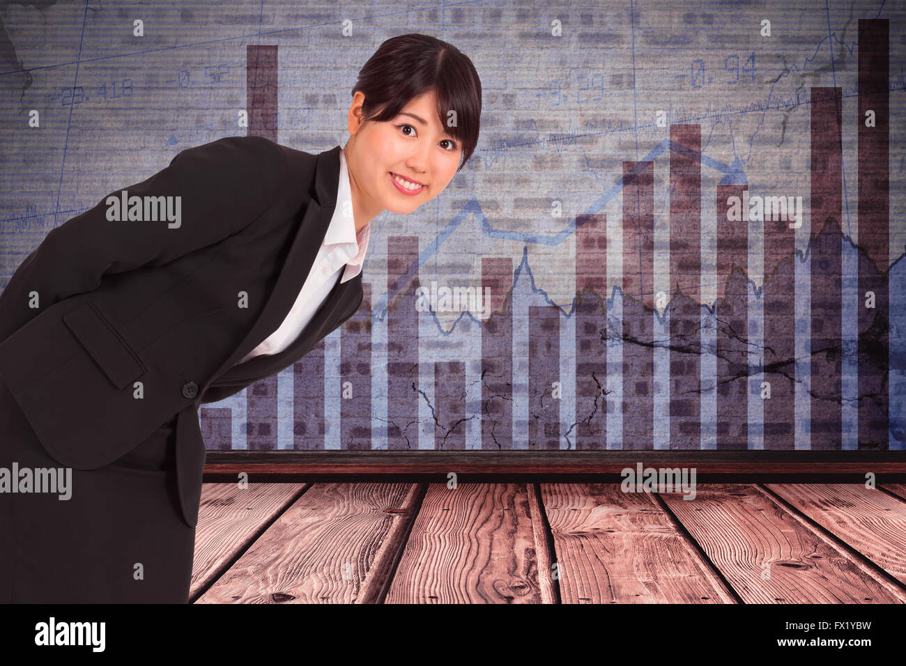 Composite image of smiling businesswoman bending Stock Photo - Alamy