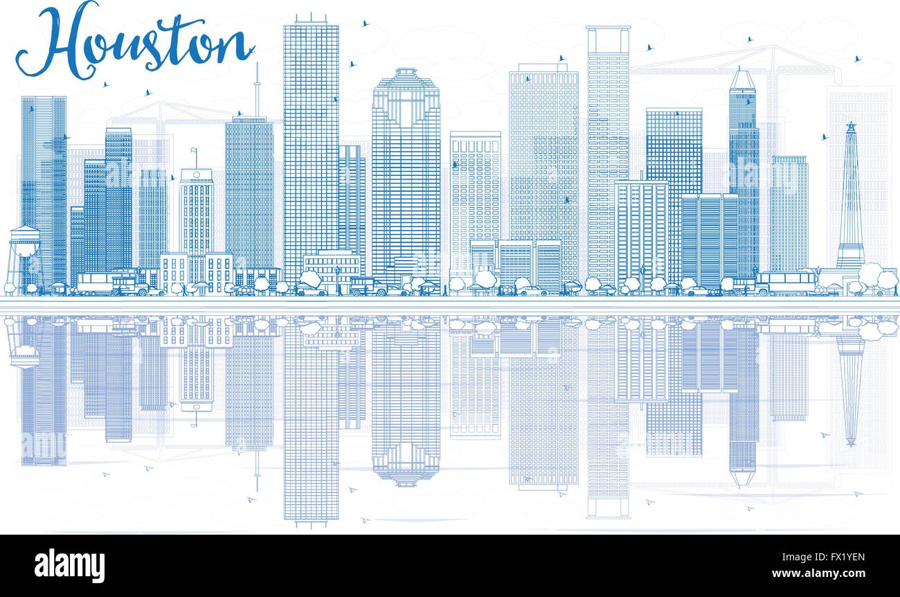 Outline Houston Skyline with Blue Buildings and Reflections. Vector ...