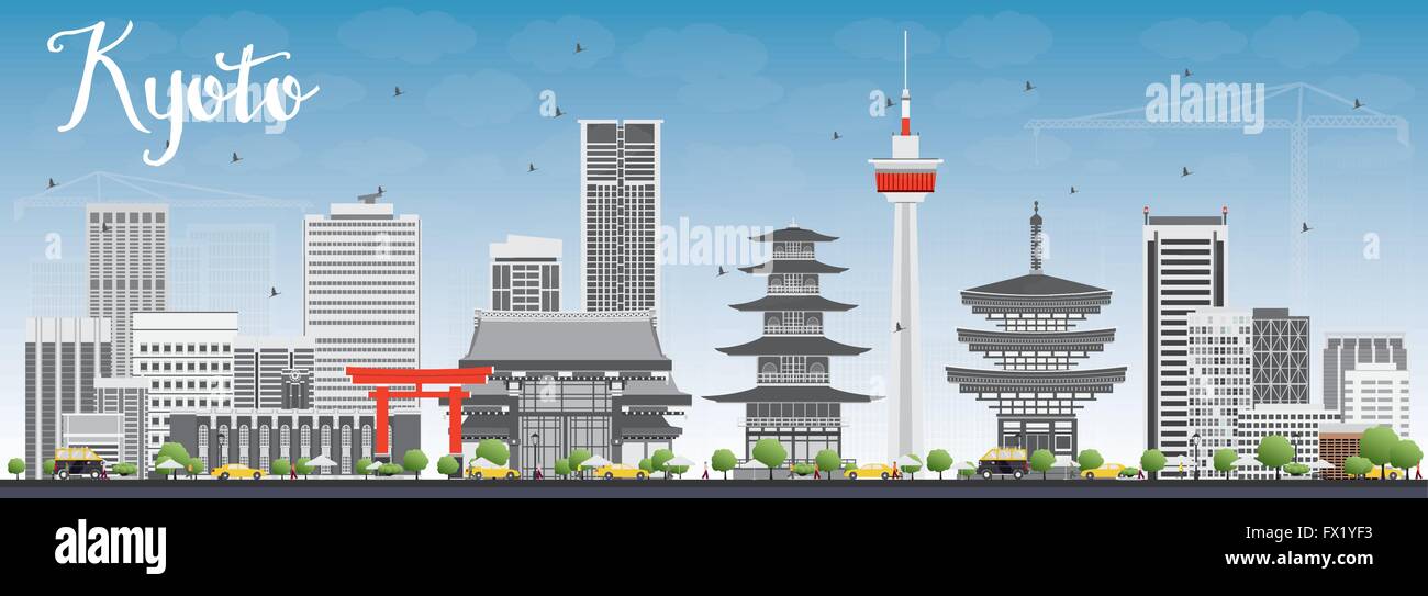 Kyoto Skyline with Gray Landmarks and Blue Sky. Vector illustration ...