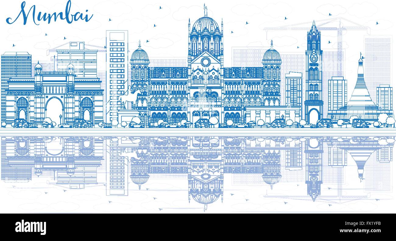 Outline Mumbai Skyline with Blue Landmarks and Reflections. Vector ...