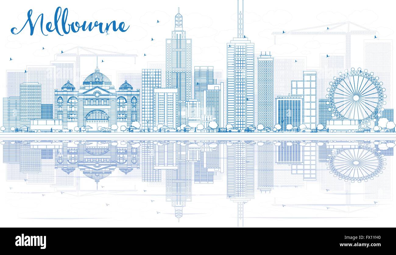 Outline Melbourne Skyline with Blue Buildings and Reflections. Vector ...