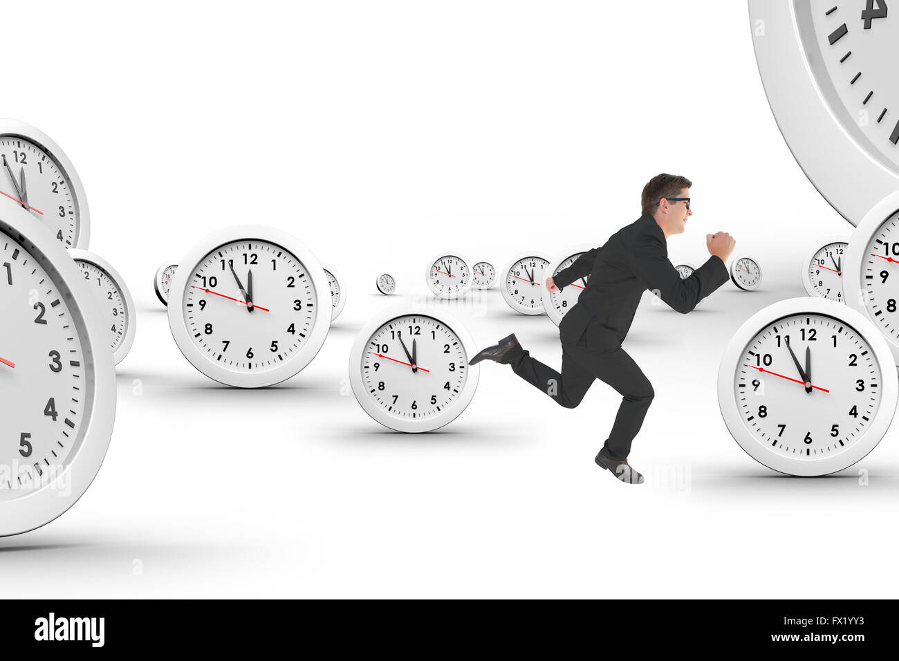 Geeky happy businessman running mid air Stock Photo - Alamy