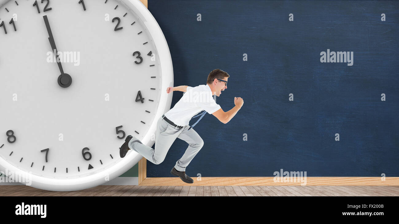 Geeky happy businessman running mid air Stock Photo - Alamy