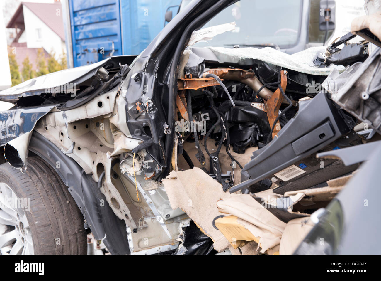 photo showing the heavily crashed car in a road accident Stock Photo ...