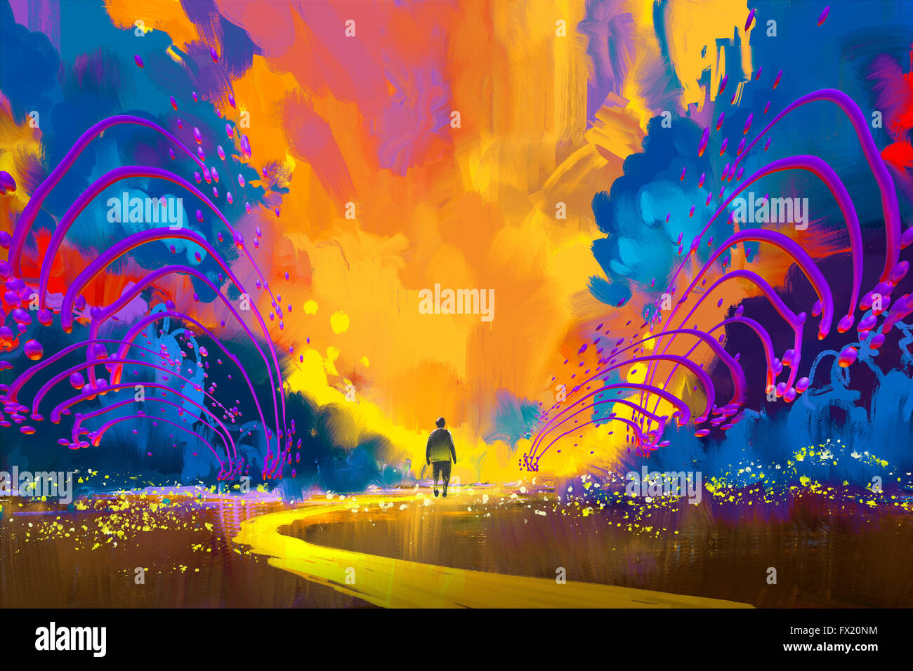 man walking to abstract colorful landscape,illustration painting Stock ...