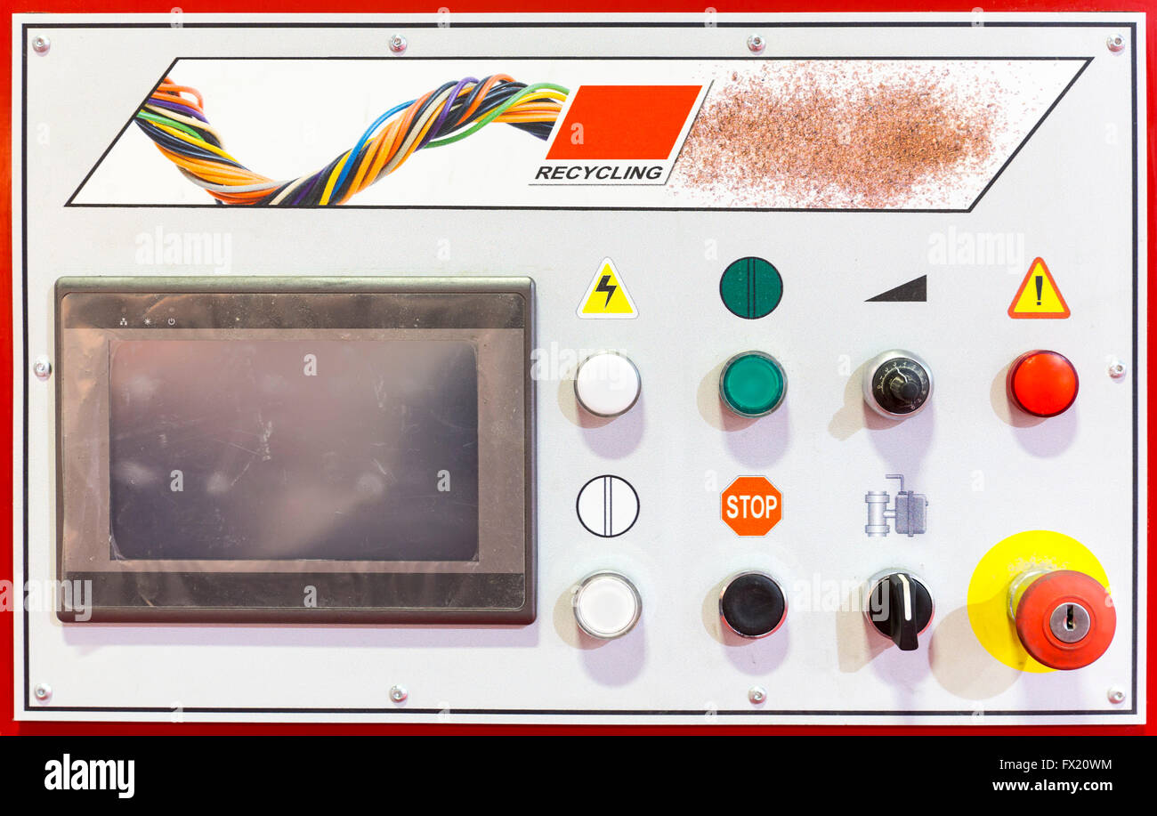 Control panel of a red recycling machine. Recycles plastic and glass ...
