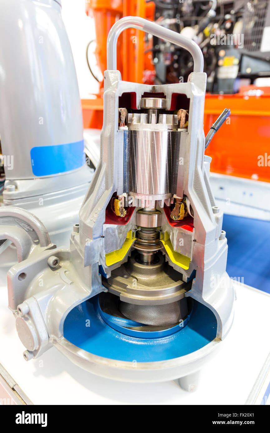 Inside view of a real model of a sliced water turbine. Rotor. A water ...