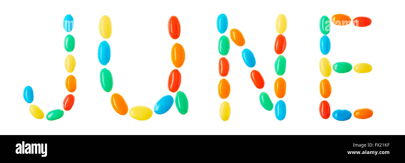June lettering made of multicolored candies isolated on white ...
