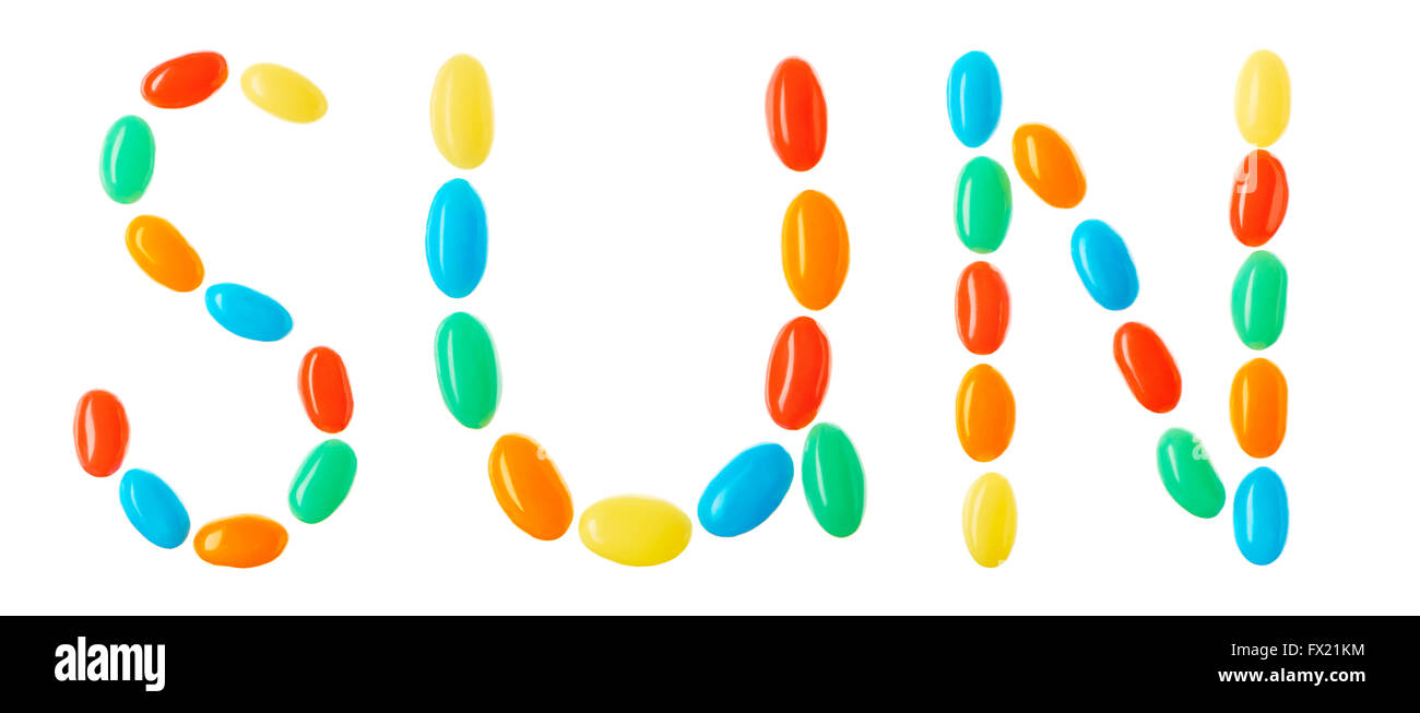 Sun lettering made of multicolored candies isolated on white background ...