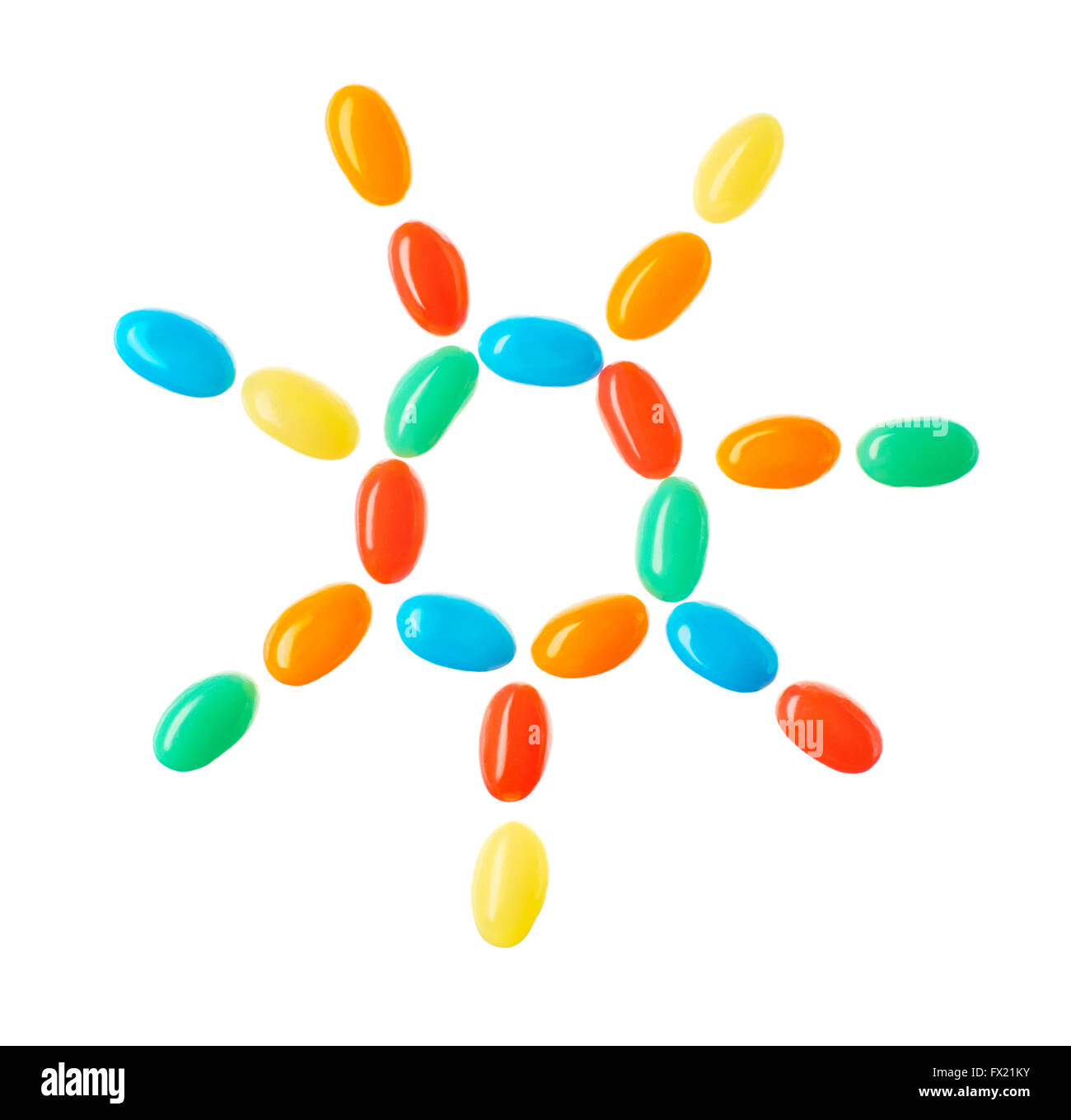 Sun made of multicolored candies isolated on white background Stock ...